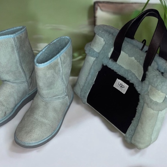 UGG | Bags | Ugg Blue Fuzzy Tote Bag With Black Handles | Poshmark